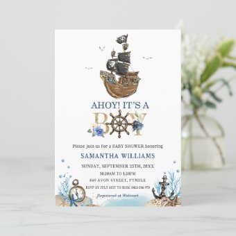 Nautical Pirate Ship Ahoy It's a Boy Baby Shower Invitation | Zazzle