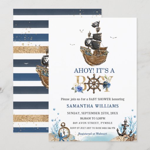 Nautical Pirate Ship Ahoy It's a Boy Baby Shower Invitation | Zazzle
