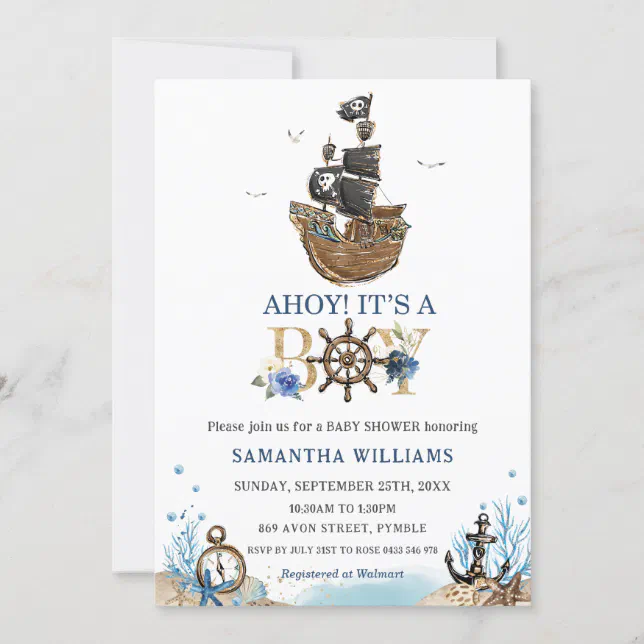 Nautical Pirate Ship Ahoy It's a Boy Baby Shower Invitation | Zazzle