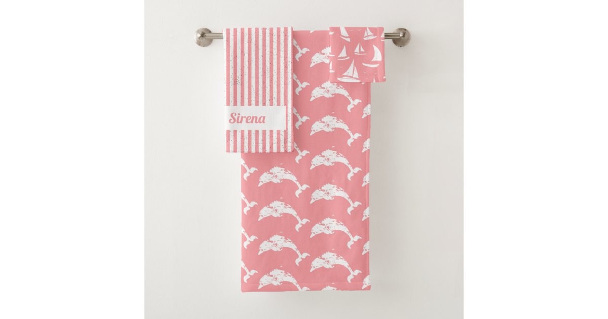Nautical Pretty Pink Patterned Dolphin and Sailing Bath Towel Set | Zazzle