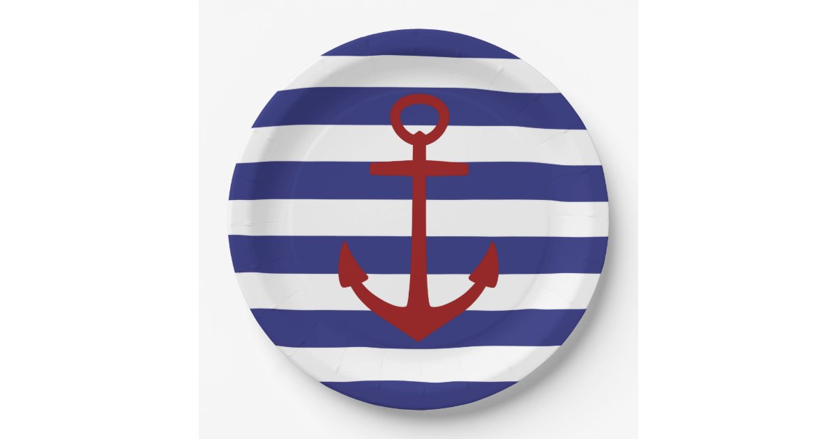 Nautical Red Anchor on Blue and White Stripes Paper Plates | Zazzle