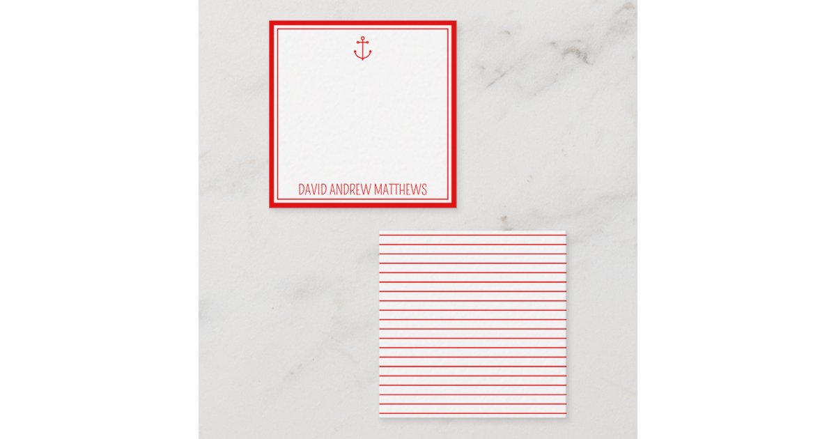 Nautical Red and White Anchor Personalized Note Card | Zazzle