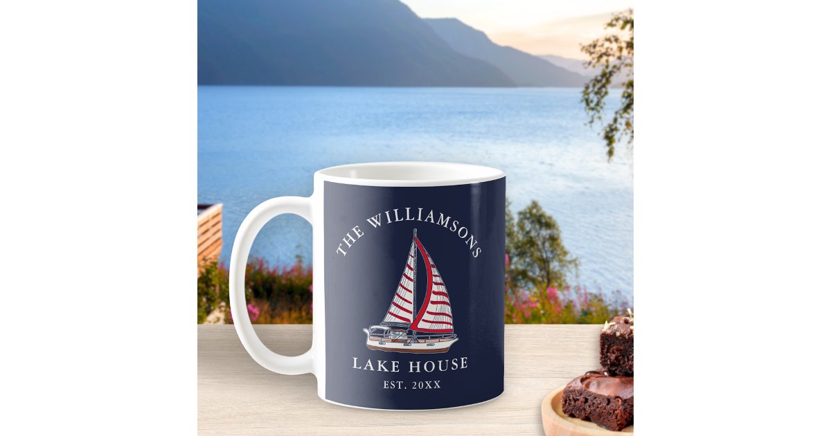 Nautical Red Sailboat Navy Blue Family Lake House Coffee Mug | Zazzle