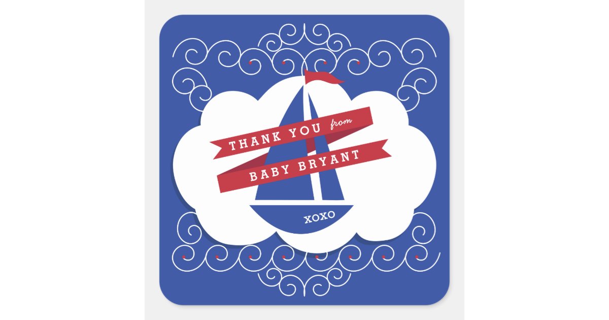 Nautical Red White Navy Blue Baby Shower Square Sticker | Zazzle