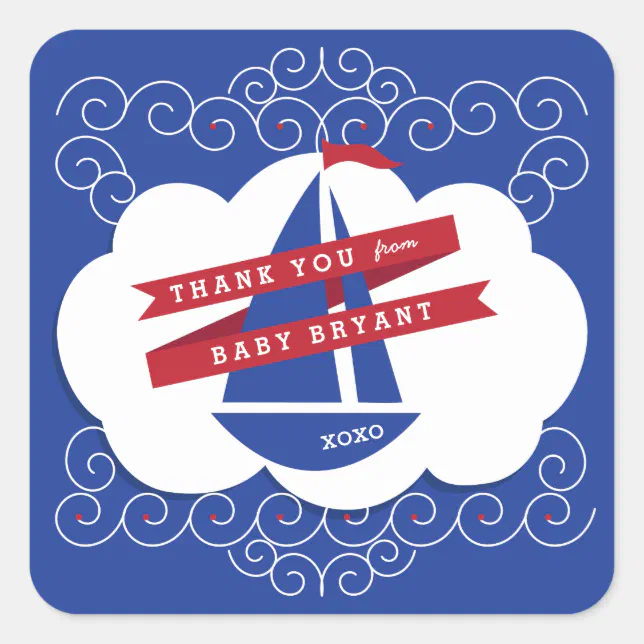 Nautical Red White Navy Blue Baby Shower Square Sticker | Zazzle