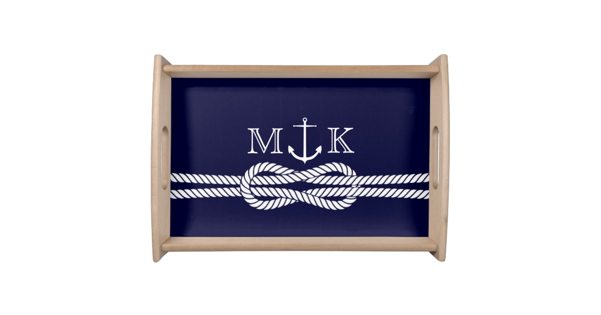 Nautical Rope and Anchor Monogram in Navy Serving Tray | Zazzle