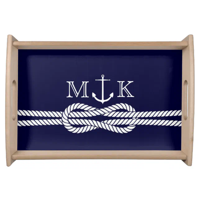 Nautical Rope and Anchor Monogram in Navy Serving Tray | Zazzle