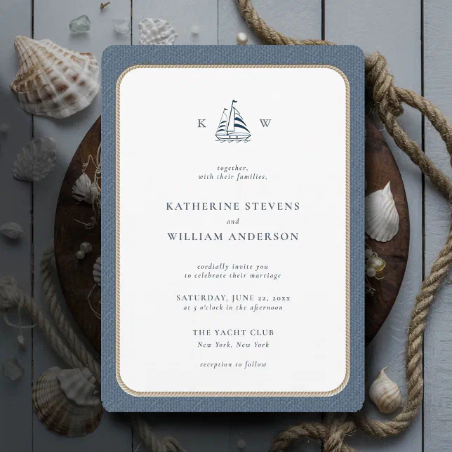 Nautical Rope Frame Blue Burlap Monograms Wedding Invitation | Zazzle