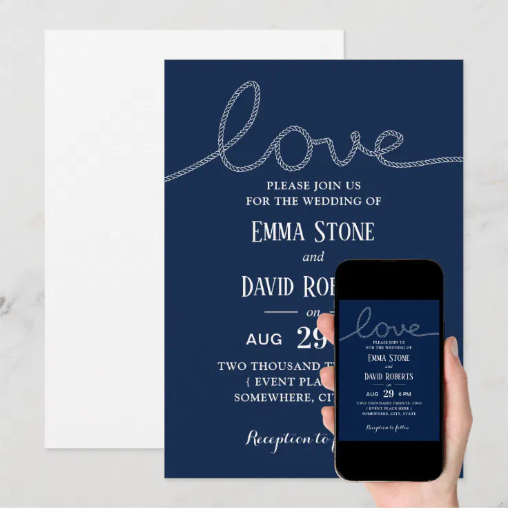 Nautical Rope Love Navy Blue Summer Wedding Invitation | Zazzle