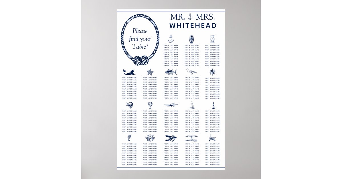 Nautical Rope Wedding Seating 18 Table Chart | Zazzle