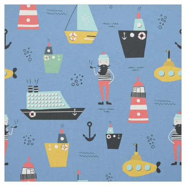 Sailboats Blue White Nautical Pattern Fabric | Zazzle