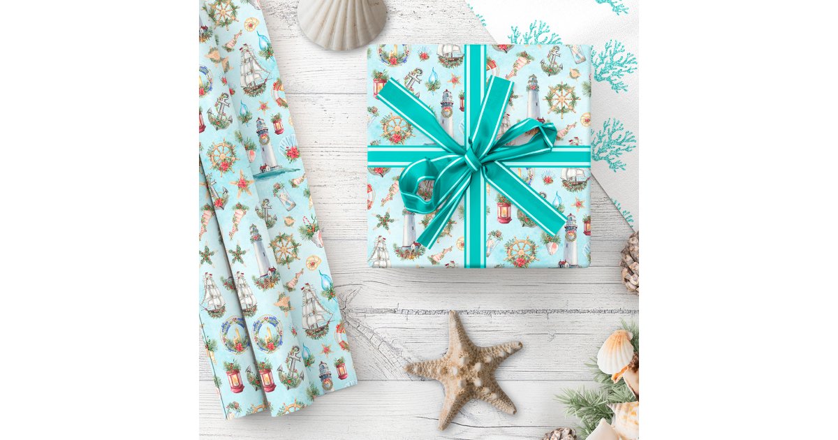 Nautical Sailing Ship Christmas Watercolor Ocean Wrapping Paper | Zazzle