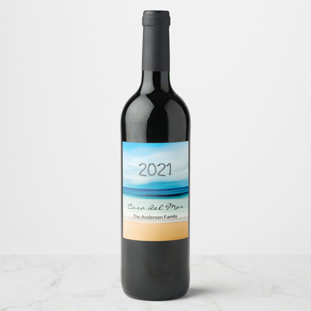 Nautical sea blue tropical beach house name wine label | Zazzle