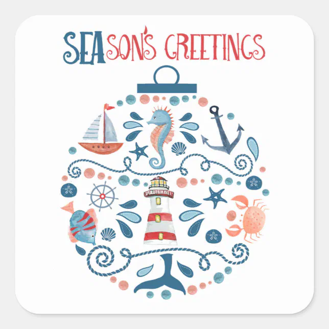Nautical Sea Ornament Coastal Christmas Square Sticker | Zazzle