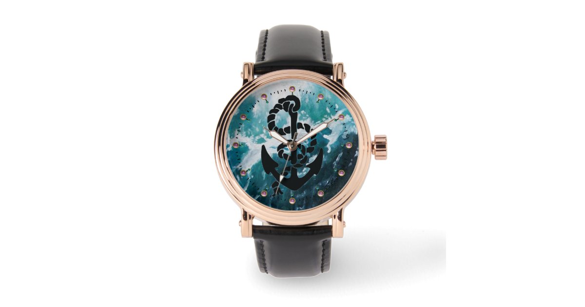 NAUTICAL / SEA WAVES ,ANCHOR AND ROPE WATCH | Zazzle