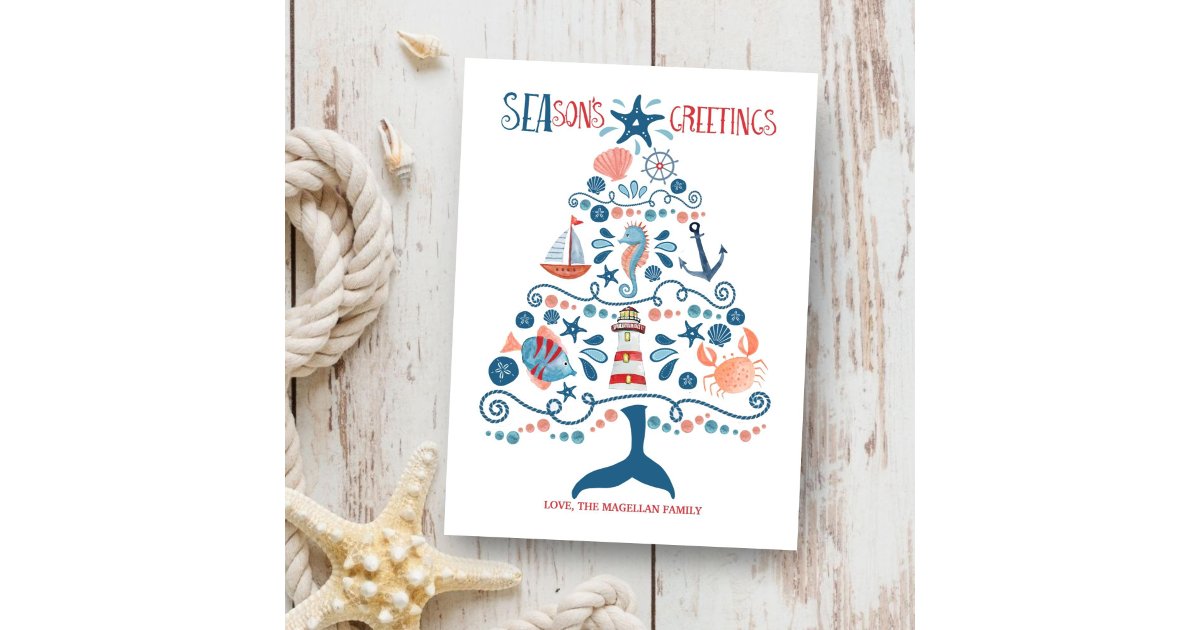 Nautical Seas and Greetings Beach Christmas Tree Holiday Card | Zazzle