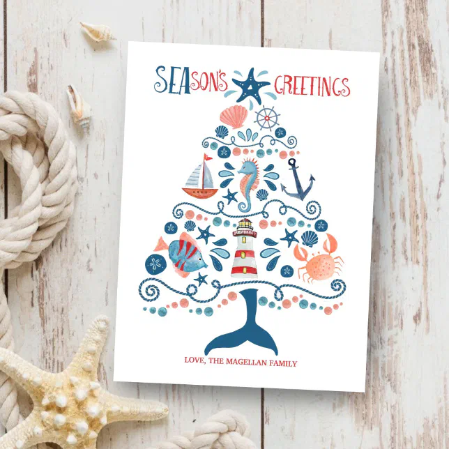 Nautical Seas and Greetings Beach Christmas Tree Holiday Card | Zazzle