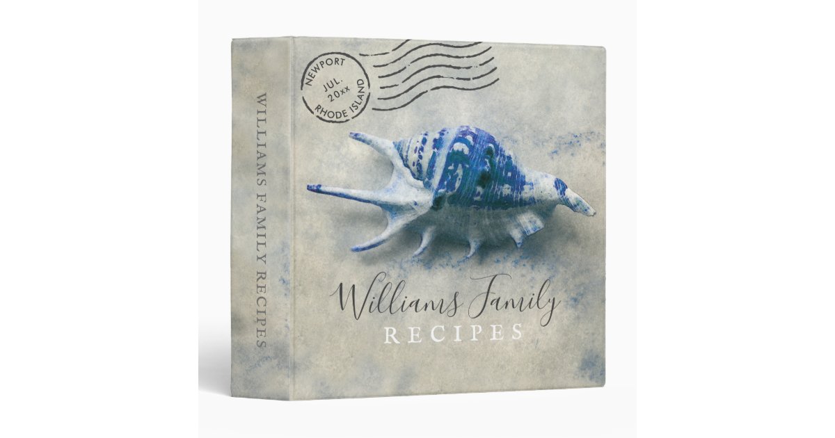 Nautical Seashell Blue Monogrammed Family Recipes 3 Ring Binder | Zazzle