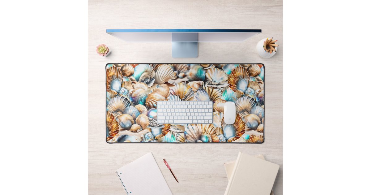 Nautical seashells ocean beach collage shell chic desk mat | Zazzle