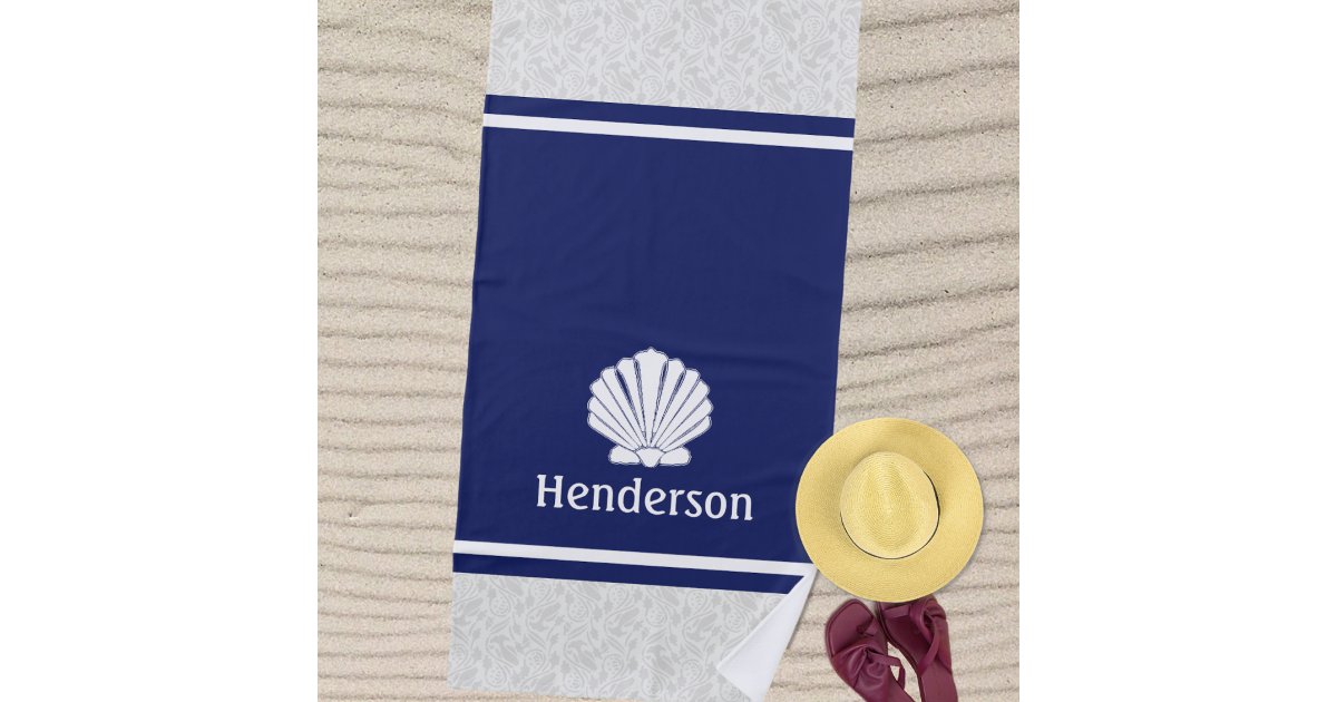 Nautical Shell on Navy Beach Towel | Zazzle