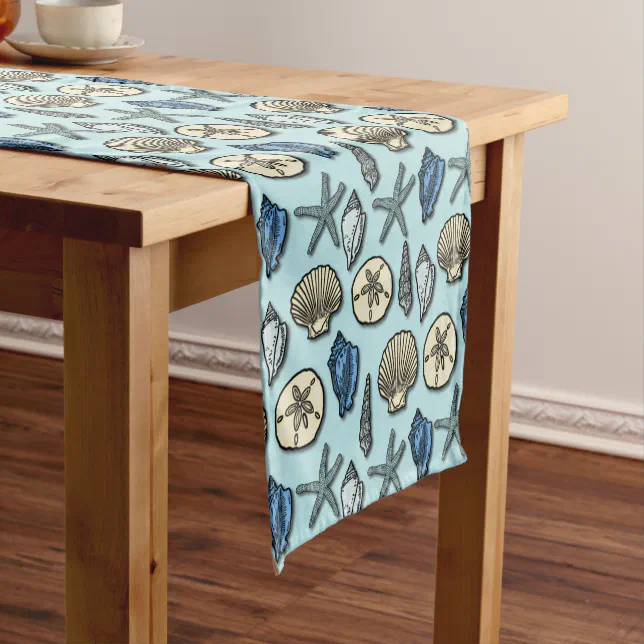 Nautical Shell Starfish Beach Sea Pattern Blue Short Table Runner | Zazzle