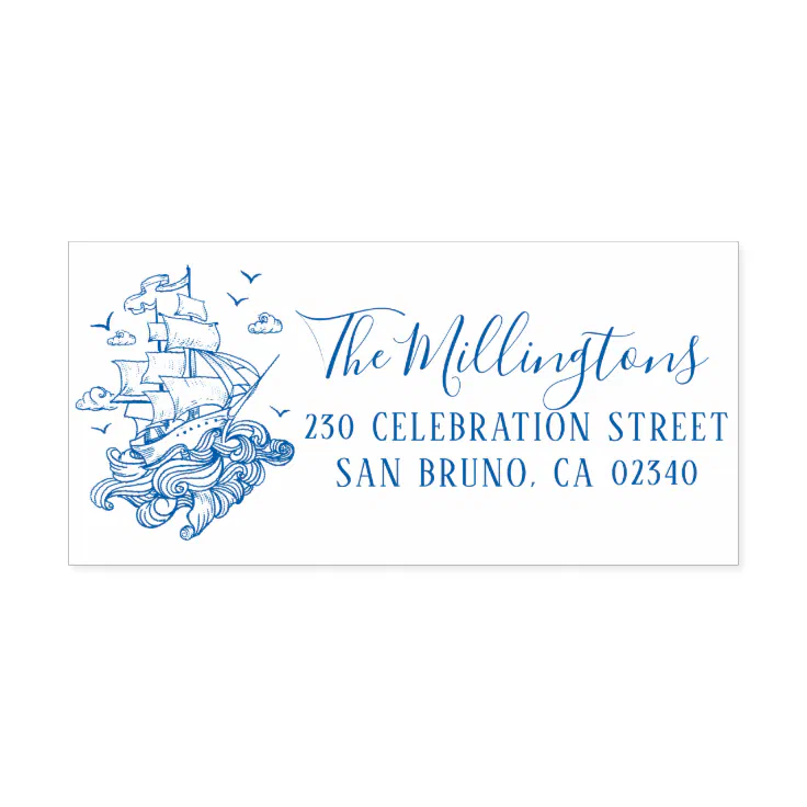 Nautical Ship Family Name Script & Return Address Self-inking Stamp ...