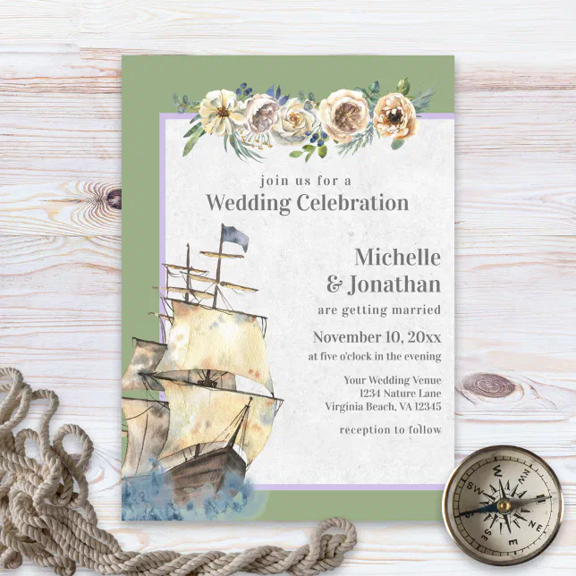 Nautical Ship - Sage and Lavender Floral Wedding Invitation | Zazzle