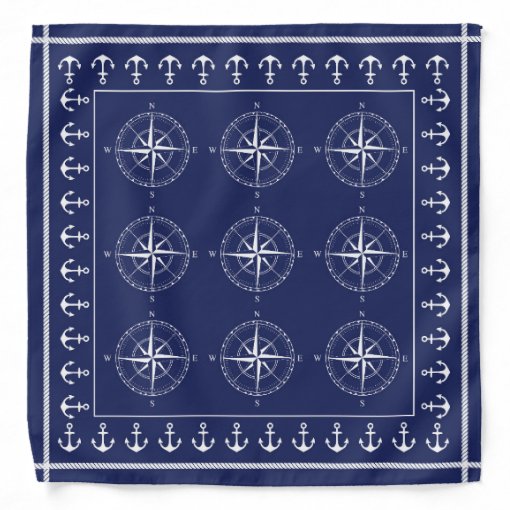 Nautical Ships Compass Anchors and Rope Blue White Bandana | Zazzle