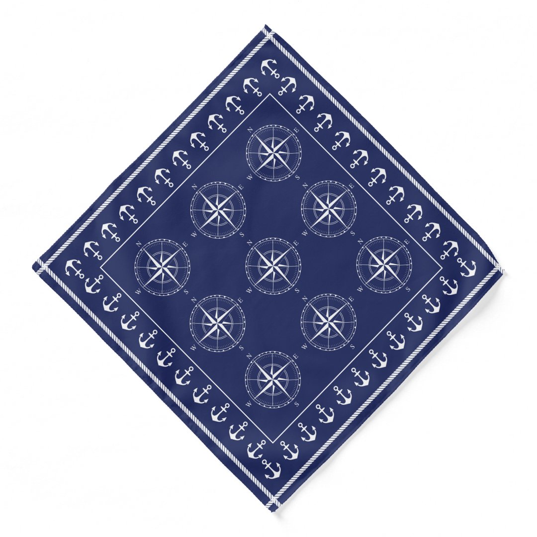 Nautical Ships Compass Anchors and Rope Blue White Bandana | Zazzle