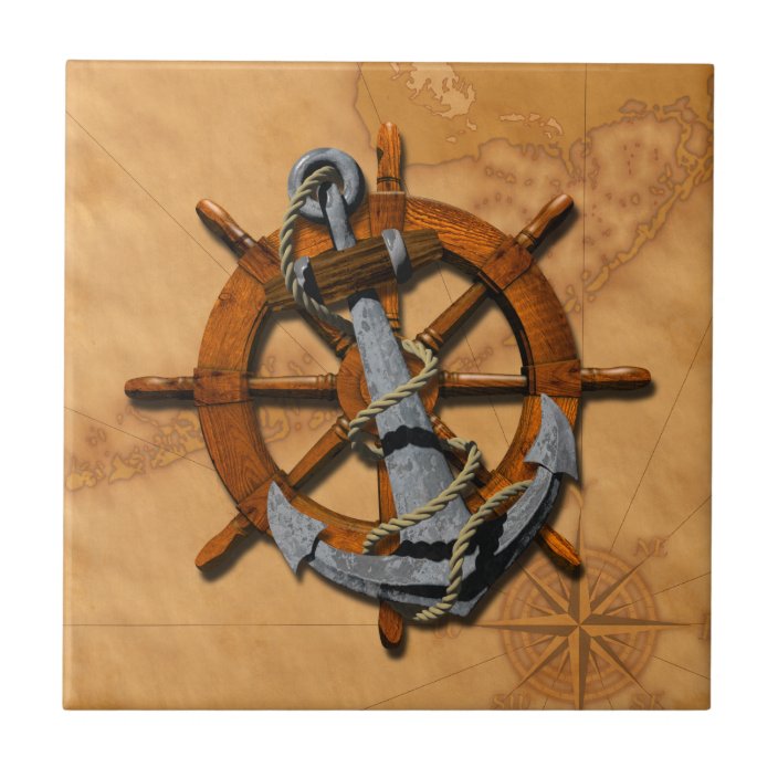 Nautical Ships Wheel And Anchor Ceramic Tile | Zazzle.com