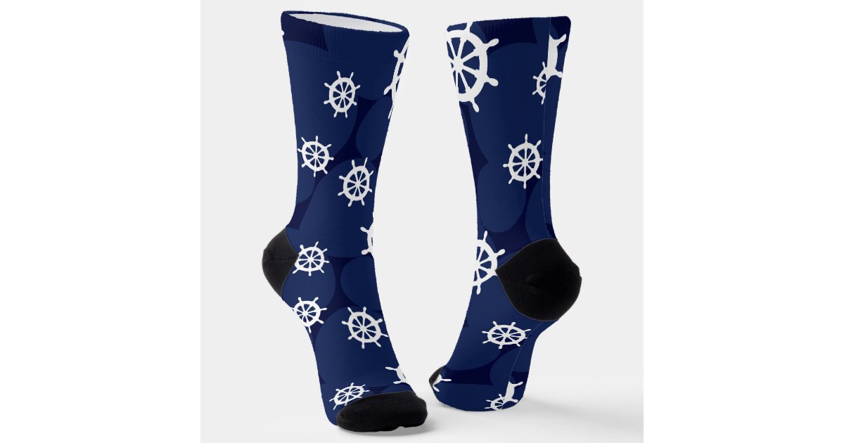 Nautical Ships Wheel Navy Blue and White Pattern Socks | Zazzle