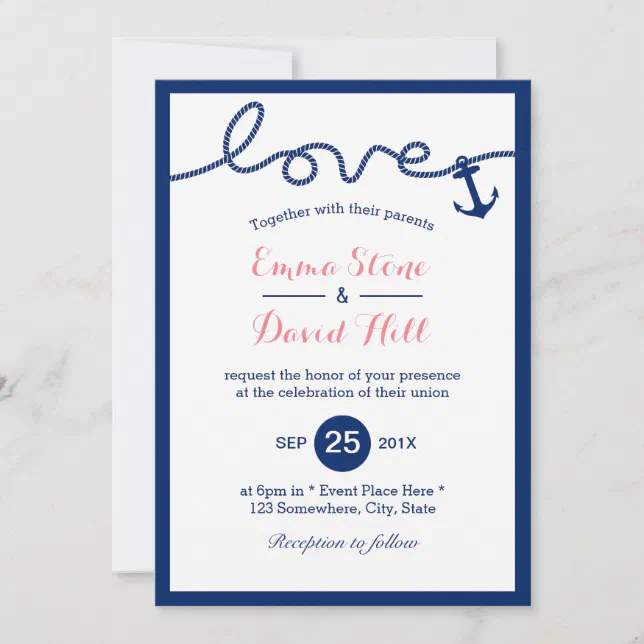 Nautical Simple Border Anchor & Rope Wedding Invitation | Zazzle