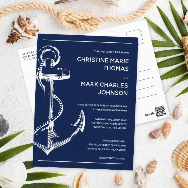Nautical Sketch Anchor Wedding Navy Invite | Zazzle