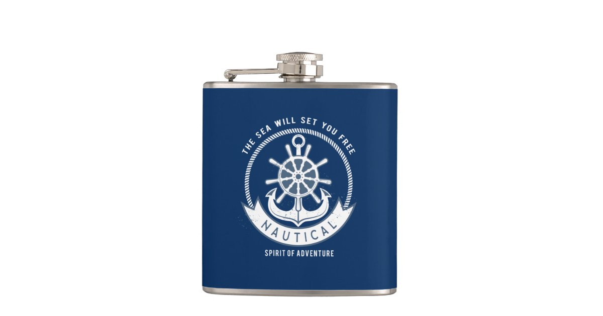 Nautical Spirit Anchor,Wheel, Navy Blue Flask | Zazzle