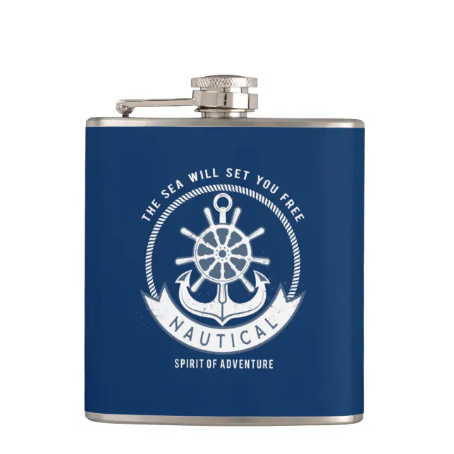 Nautical Spirit Anchor,Wheel, Navy Blue Flask | Zazzle