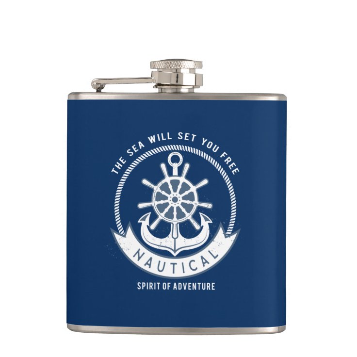 Nautical Spirit Anchor,Wheel, Navy Blue Flask | Zazzle