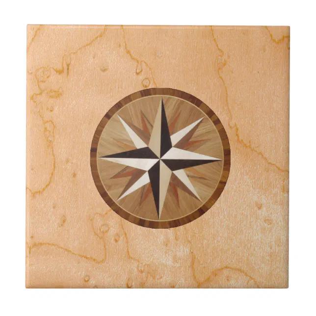 Nautical Star Light Wood Marquetry look Tile | Zazzle