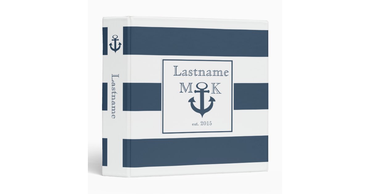 Nautical Stripe and Anchor Navy Blue 3 Ring Binder | Zazzle