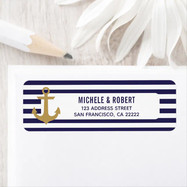 Nautical Striped Gold Anchor Blue White Return Label | Zazzle