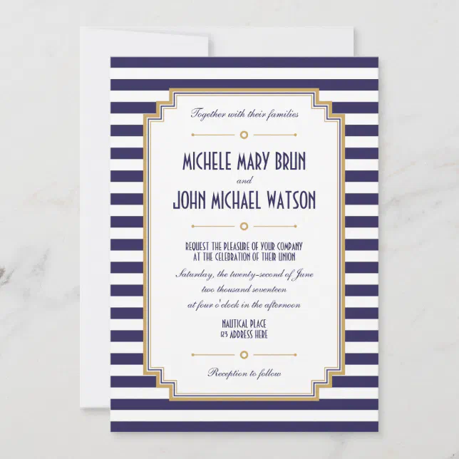 Nautical Striped Navy Blue White Wedding Invite | Zazzle