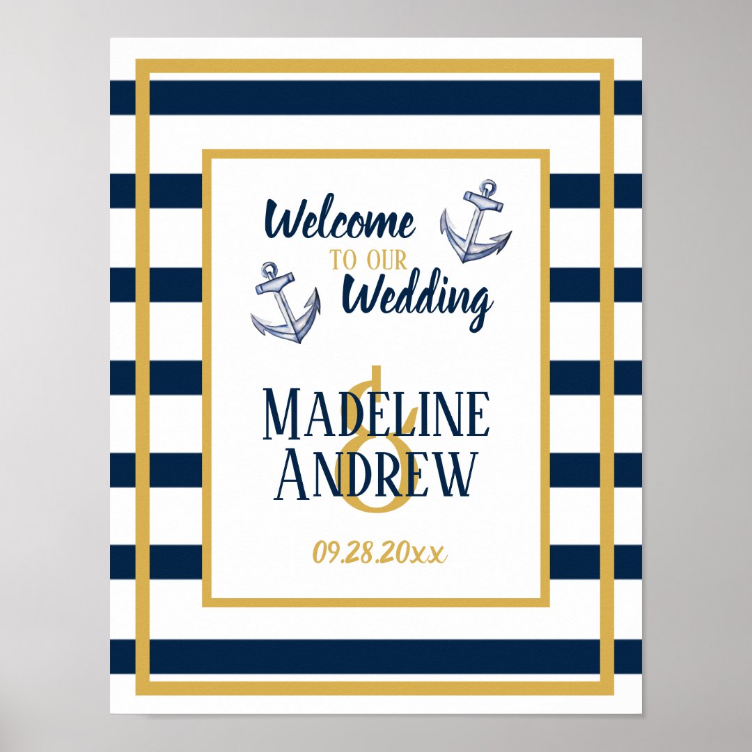 Nautical Stripes and Anchor Custom Wedding Poster | Zazzle