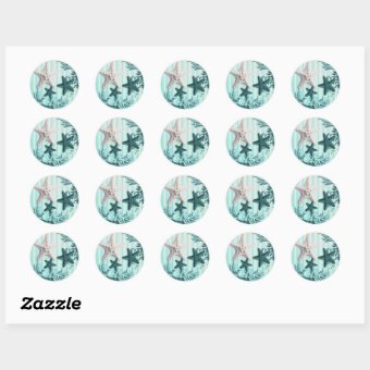 nautical stripes aqua blue starfish seashells classic round sticker ...