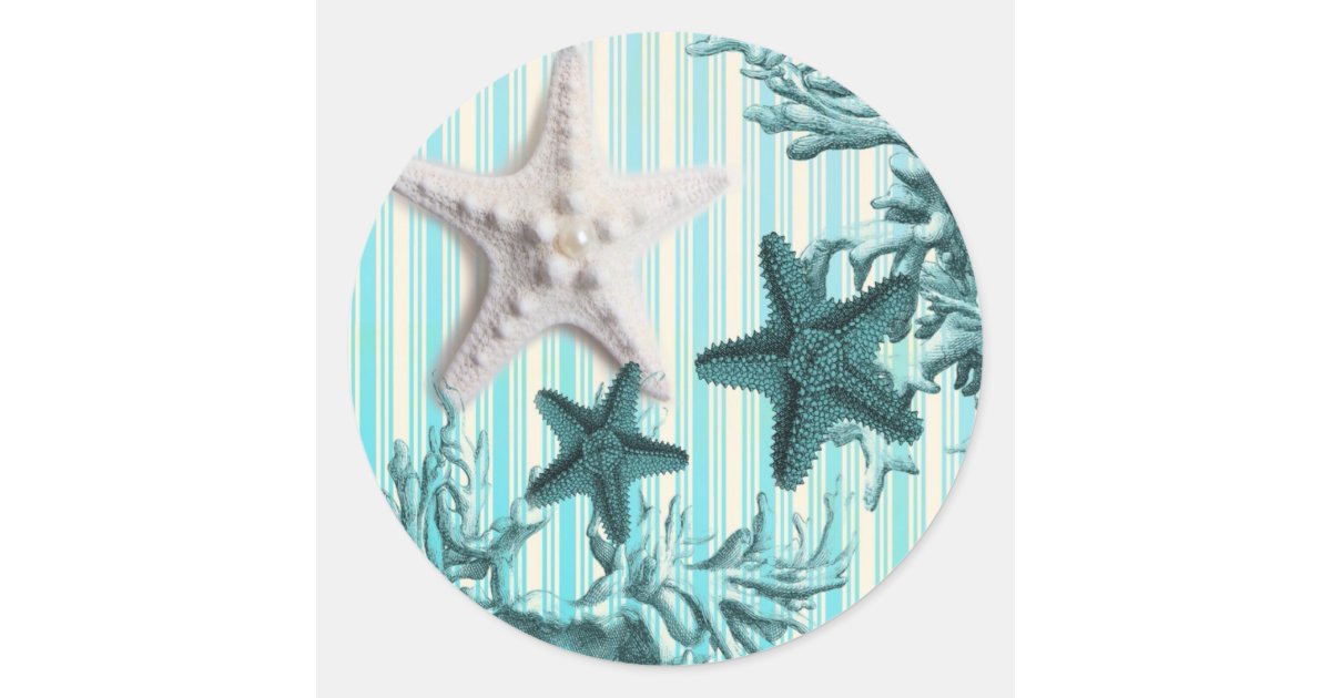 nautical stripes aqua blue starfish seashells classic round sticker ...