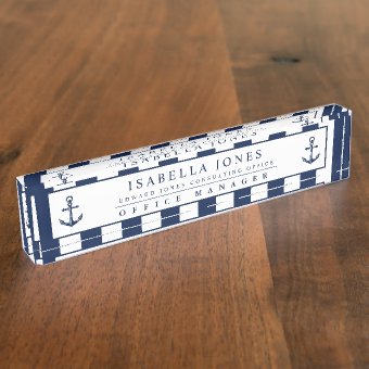 Nautical Stripes Custom Anchor Desk Name Plate | Zazzle