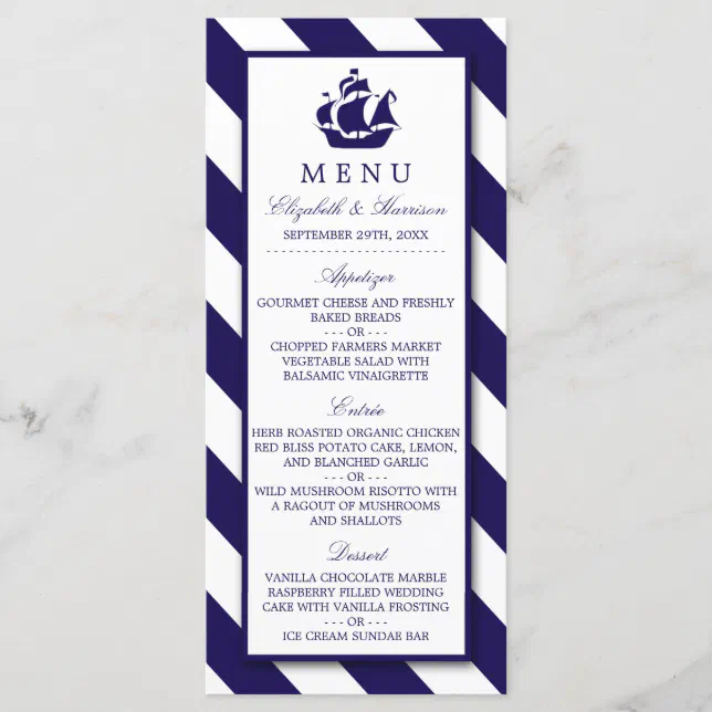 Nautical Stripes & Navy Blue Ship Wedding Menu | Zazzle