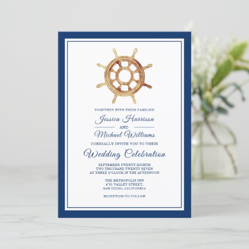 Nautical Stripes Watercolor Steering Wheel Wedding Invitation | Zazzle