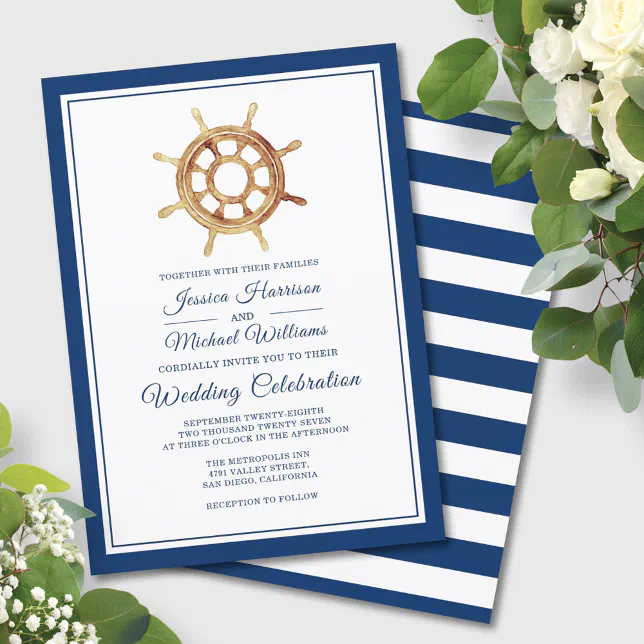 Nautical Stripes Watercolor Steering Wheel Wedding Invitation | Zazzle