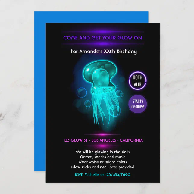 Nautical Summer Glow in the Dark Neon Party Invitation | Zazzle