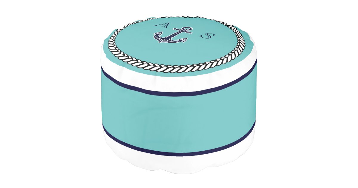 Nautical Teal Blue | Navy Anchor Coastal Monogram Pouf | Zazzle
