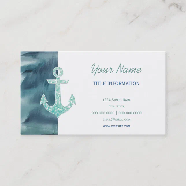 Nautical Teal Watercolor Glitter Anchor Business Card | Zazzle